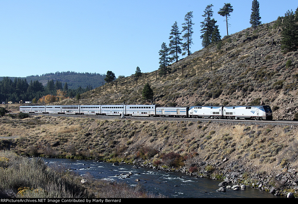 Amtrak 95 and 42 Lead Tr #6, the EB California Zephyr Along the Truckee River